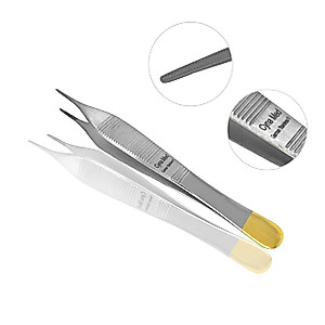 Cynamed T/C Adson Plastic Surgery Forceps 4.75" Straight Fine Point with Tungsten Carbide Inserts Surgical Veterinary Instruments with Gold Handle (Serrated Tips, Adson Dressing Forceps, TC)