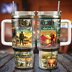 WAZONE Personalized Adventures Tumbler 40oz with Handle and Straw Custom Name And So The Adventure Vacuum Stainless Steel Insulated Coffee Mug Birthday Gifts For Traveling Lover Men Him Dad Papa