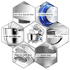 Aucma Stand Mixer,6.5-QT 660W 6-Speed Tilt-Head Food Mixer, Kitchen Electric Mixer with Dough Hook, Wire Whip & Beater (6.5QT, Silver)