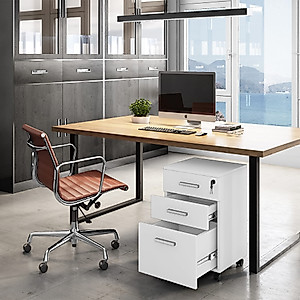 Lazio 26 Inch File Cabinet with Lock - Filing Cabinet for Home and Office - 3 Drawer File Cabinet with Wheels for A4 Sized Letters/Documents, Legal Sized Documents, Hanging File Folders - White/White