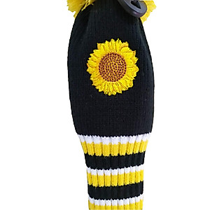 CHEZBABY Sunflower Embroidery Golf Club Head Covers Cute Knitted 460cc Driver Wood POM POM Long Neck(Set of 2)