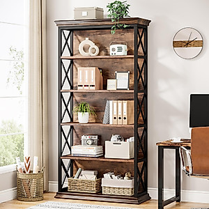 Tribesigns 6-Tier Bookcase, 71 Inches Industrial Bookshelves and Bookcases, Floor Standing 5 Shelf Display Storage Shelves Tall Bookcase for Home Office, Living Room, Bed Room, Brown and Black