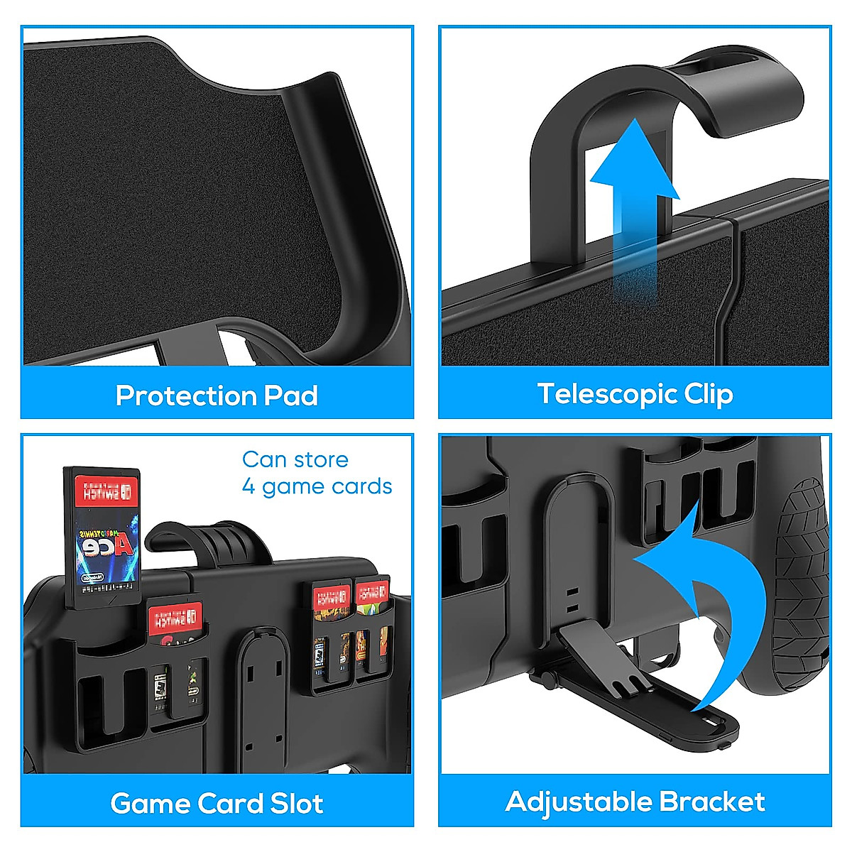 Switch OLED Grip Case Compatible with Nintendo Switch/ Switch OLED/ Switch Lite - Universal Hand Grip Accessories with Adjustable Stand/ 4 Game Slots, 8 Thump Caps for JoyCon & Switch Control, Black