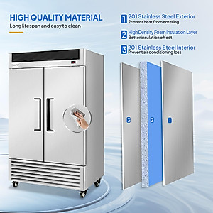 ROVSUN 54"W Commercial Freezer Reach in Freezer ETL NSF Certified, 49 Cu.Ft Upright Freezer Stainless Steel w/ 2 Door Auto Defrosting LED Light Adjustable Shelves for Restaurant Cafe Garage