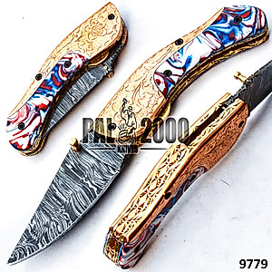 PAL 2000 HUNTING KNIVES FPK-9779 Folding Hunter Damascus Steel Pocket Knife with Sheath Handmade