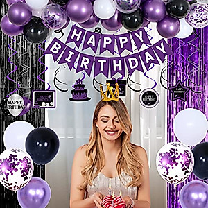 Birthday Party Decorations for Women Purple and Black, Happy Birthday Decorations for Women Girls Party Decoration Balloons Tablecloth Arch Kit White Confetti Balloon Foil Fringe Curtains Table Cover