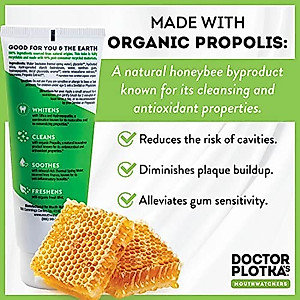 Dr Plotkas Natural Fluoride Free Whitening Toothpaste by Mouthwatchers | Organic Propolis and Fresh Organic Mint | Sensitive Teeth and Gums | 3 Oz. Tube