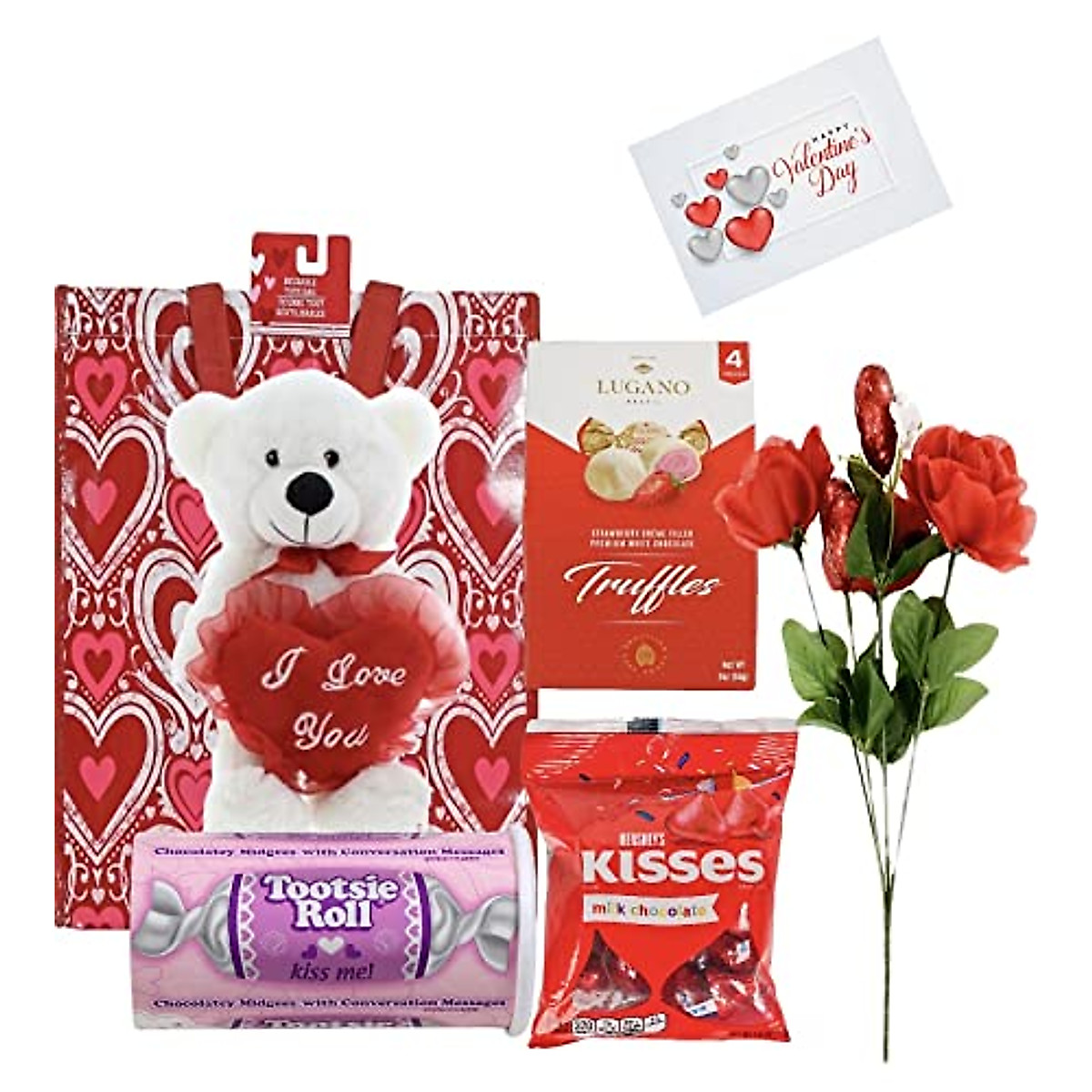Valentines Day Gift Basket | 10 Inches Teddy Bear Plush |Tootsie Roll Kiss Me Banks | Hershey's Milk Chocolate Kisses | Lugano Strawberry Creme Filled White Chocolate Truffles | Artificial Red Rose Bouquets with Sparkly Hearts | V- Gift Bag and Card inclu