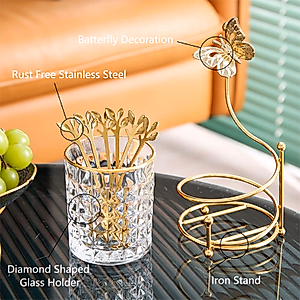 INPROPEXT 6PCS Coffee Spoons Set with Glass Holder,Small Stainless Steel Gold Tea Spoons,Mini Dessert Spoons Set for Fruit,Stirring, Mixing, Sugar, Ice Cream, Cake (6 x Spoons)