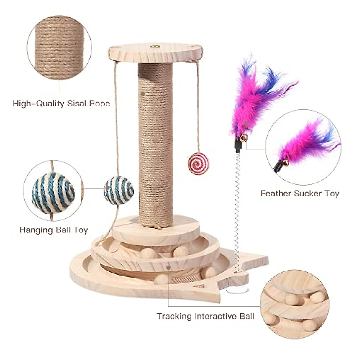 Marchul Cat Scratching Post with Hanging Ball, Kitten Sisal Scratcher Toy with 2 Layer Tracks Spinning Balls, Cat Tracking Interactive Toys for Indoor Cats and Kittens