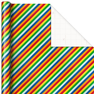 Hallmark Birthday Wrapping Paper Set (3 Rolls: 90 Sq. Ft. Ttl, 10 Bows, Ribbon, Gift Tag Stickers) Rainbow Stripes, Cake, "Happy Birthday" for Kids and Adults