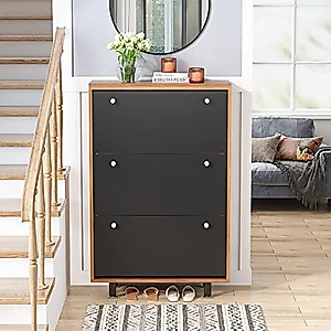 Tribesigns 3 Drawer Shoe Cabinet, Freestanding Shoe Rack Storage Organizer with Flip Door, Modern Tipping Bucket Shoe Cabinet for Entryway, Hallway, Bedroom, Small Spaces, Walnut & Black