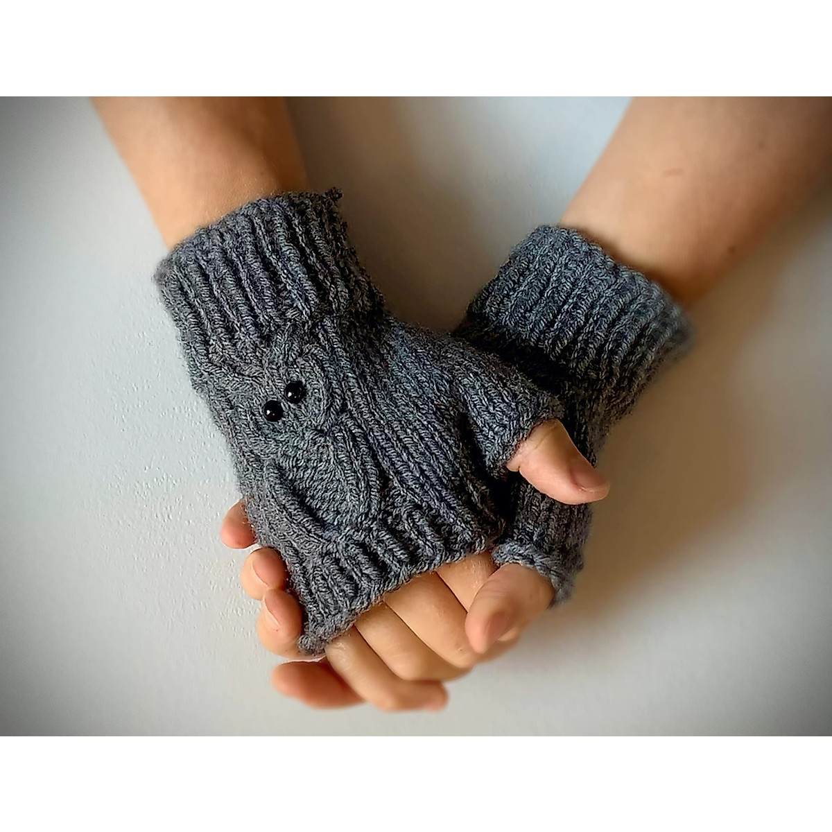 Hand Knit Adult Owl Fingerless Gloves Mittens Mitts – Knitted Granny Gloves with Owls for Warm Hands – Handmade Gift for Women Wife Girlfriend – Handcrafted Hand Warmers (Small, Red)