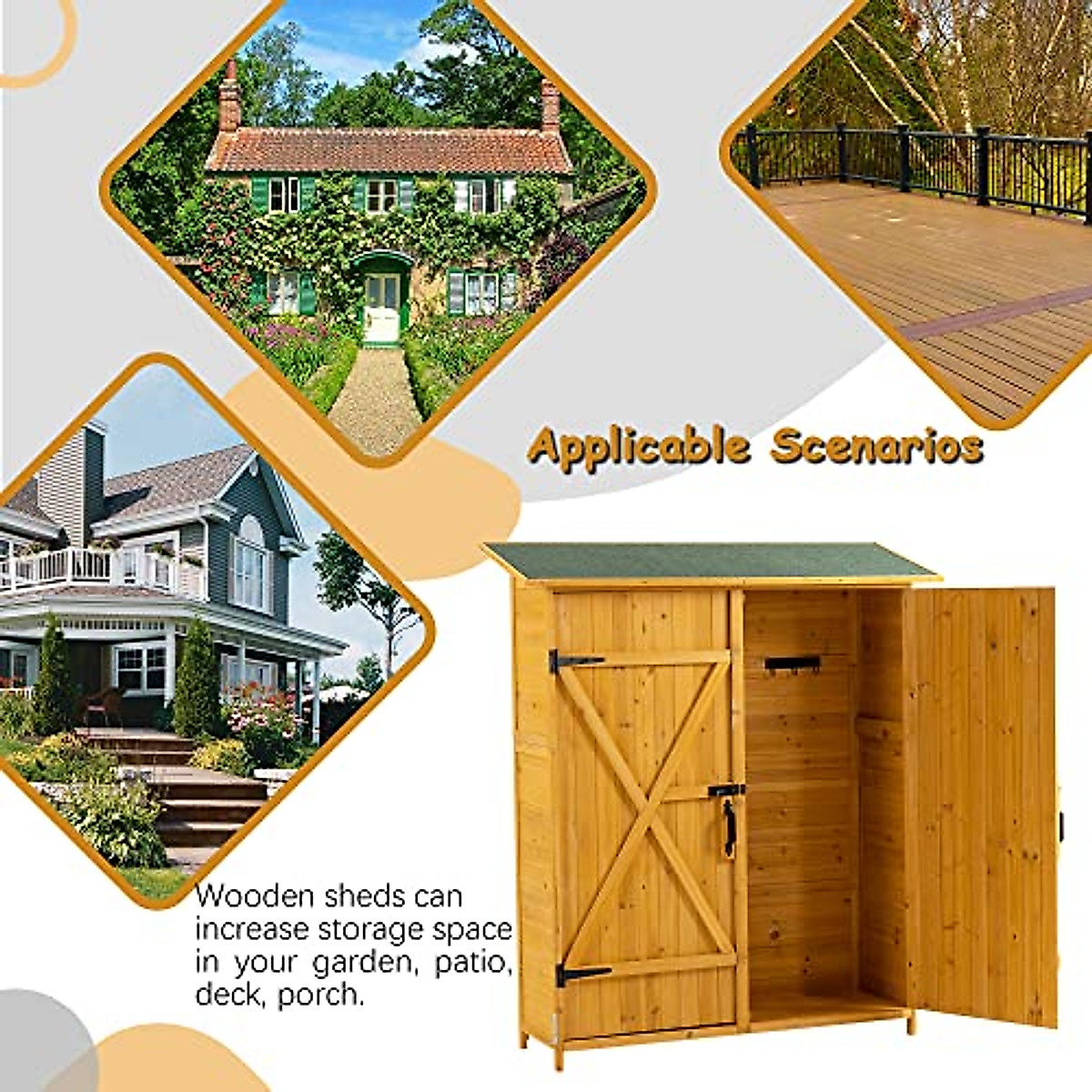 GLORHOME Outdoor Storage Shed 4.66 x 5.3ft Bike Shed Tool Organizer,Garden Shed,Wood Storage Cabinet with Detachable Shelves & Pitch Roof for Backyard Lawn Natural