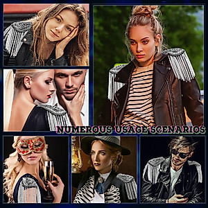 4 Pieces Metal Tassel Link Chain Epaulet Beaded Crystal Shoulder Boards Badge Punk Rivet Shoulder Jewelry Epaulettes Shoulder with Pins for Men and Women Uniform Accessories (Silver)