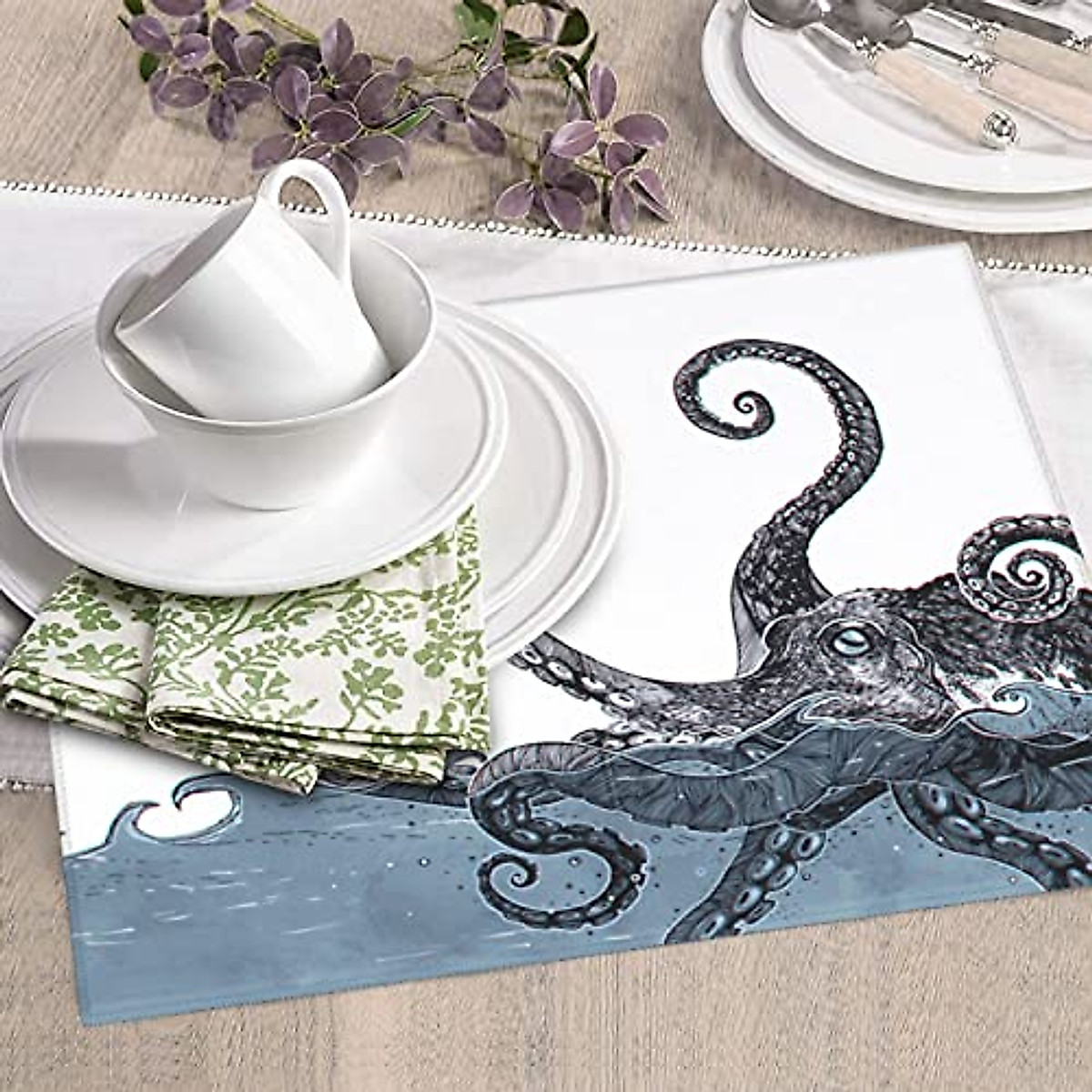 Octopus in the sea Printed Drying Mat For Kitchen Ultra Absorbent Microfiber Dishes Drainer Mats Non-Slip Silicone Quick Dry Pad - 18 X 16inch