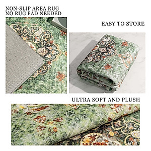 Castage 5x7 Area Rugs Washable,Green Rug for Living Room Bedroom Kitchen,Large Boho Vintage Bohemian Distressed Oriental Carpet Non Slip