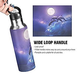 Oarencol Dolphins Water Bottle Moon Night Sea Animal Stainless Steel Vacuum Insulated with Straw Lid 20 Oz