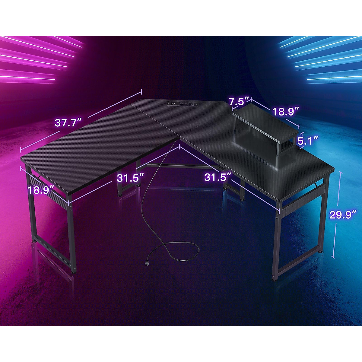 Casaottima 51 inch L Shaped Gaming Desk with Power Outlets and USB Port, Corner Desk Gaming Table with Monitor Stand for Home Office, Computer Desk for Small Space, Carbon Fiber Surface, Black