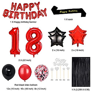 Fancypartyshop 18TH Birthday Party Decorations Supplies Red Black Later Balloons Happy Birthday Cake Topper Sash Foil Black Curtains Foil Star Balloons Number Red 18