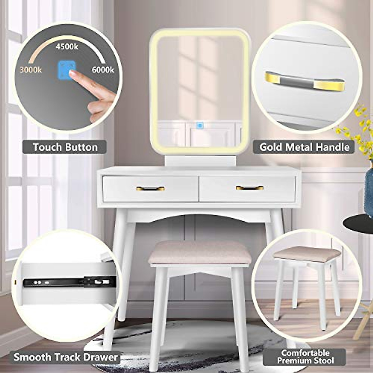 FUNKOCO Vanity Table Set with Lighted LED Touch Screen Dimming Mirror,Makeup Dressing Table with 2 Sliding Drawers, 1 Cushioned Stool for Bedroom, Bathroom (White)