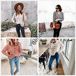 Womens Sweaters Long Sleeve V Neck Button Down Ribbed Knit Sweater Casual Relaxed Fit Pullover Jumper Tops Brown