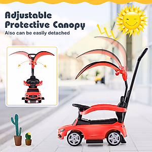Costzon Push Car for Toddlers, 3 in 1 Mercedes Benz Stroller Sliding Walking Car w/Canopy, Handle, Safety Bar, Cup Holder, Music, Underneath Storage, Foot-to-Floor Ride On Toy for Boys & Girls, Red