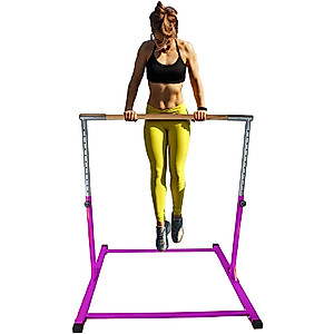 Kids Expandable Kip Bar with Tumble Mat Professional Pink Horizontal Gymnastics Asymmetric Bar 4x8 FT Mat Jungle Gym Height Adjustable 3 to 5 FT Purple Mat
