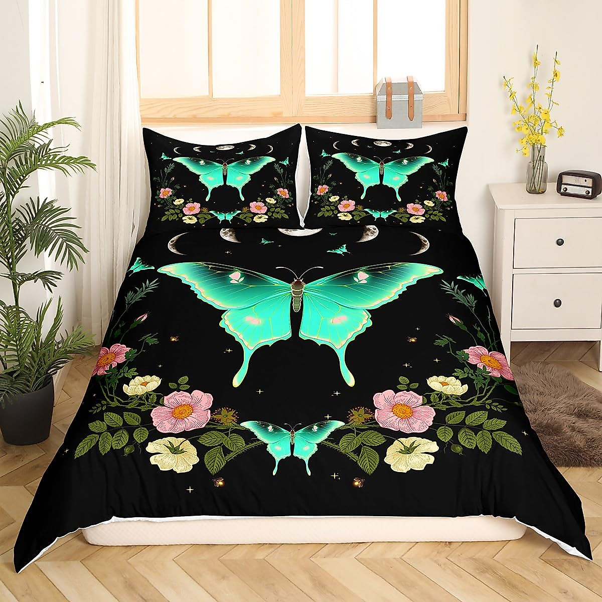 Moth Duvet Cover Set Queen,Moon Planet Starry Sky Galaxy Bedding 3pcs for Kids Teens Adult Room Decor,Gothic Butterfly Comforter Cover Floral Quilt Cover with 2 Pillowcases