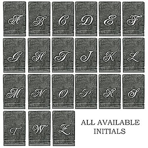 Personalized Initial Fingertip Towels - 2 Pack 11 x 18 Inches - Silver Embroidery On Gray Towel, Modern Monogrammed Towels, Great Initial Gift for Women, Teachers, Friends, Bridesmaids Initial M