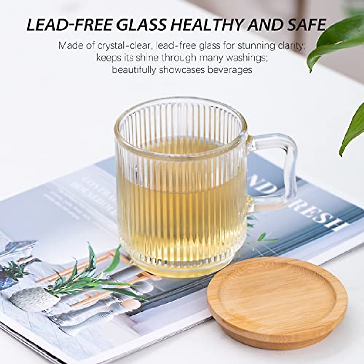 Leadiy Transparent Glass Coffee Mug with Lid, Clear Glass Coffee Cups, Classical Vertical Stripes Coffee Mugs for Latte Juice Tea 12.5 Ounces