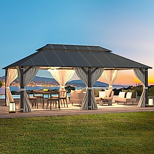 EROMMY 12'x20' Gazebo Double Aluminum Composite Roof Permanent Pavilion Gazebo Outdoor Hardtop Aluminum Frame Canopy with Curtains and Netting for Backyard Patio Lawn Garden