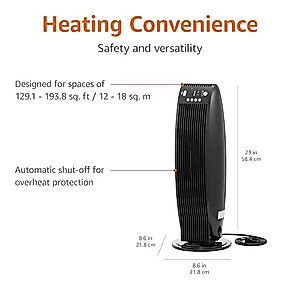 Amazon Basics Oscillating Tower Heater, With Digital Display, Remote Control, Timer, Over-Heat and Tip-Over Protection, Room Temperature Sensor, 2 Heat Settings, 1500W, Black, 8.6"D x 8.6"W x 23"H