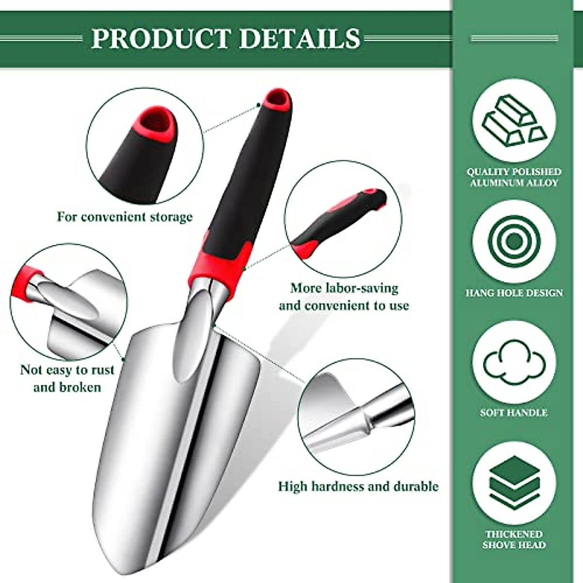 Gardening Shovel Set, Garden Hand Shovel Garden Trowel Transplant Trowel Aluminum Alloy Planting Tools with Rubber Handle for Gardening, Cultivating, Gardening, Planting Supplies (Red)