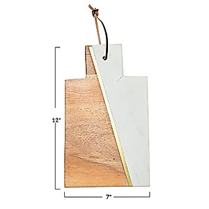 Boho 2-Tone Marble and Acacia Wood Charcuterie or Cutting Board with Brass Inlay and Leather Tie, White and Natural