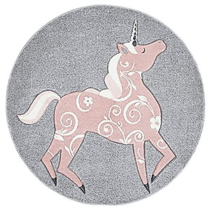 SAFAVIEH Carousel Kids Collection 6'7" Round Grey/Pink CRK163F Unicorn Non-Shedding Playroom Nursery Bedroom Area Rug