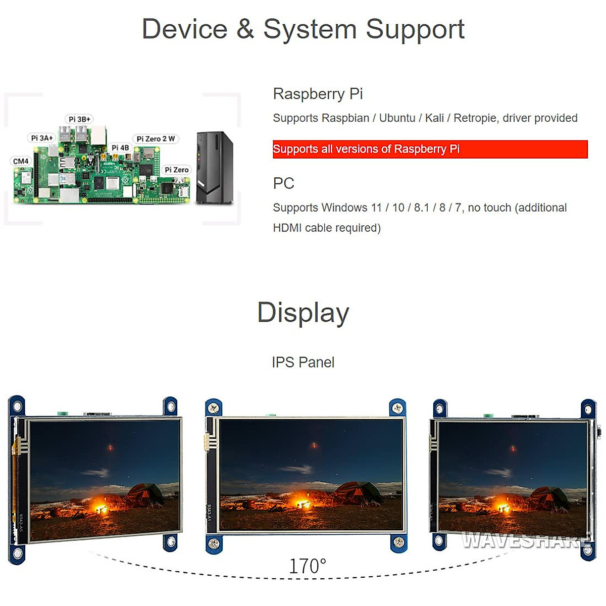 waveshare 4inch Resistive Touch Screen LCD Compatible with Raspberry Pi 4B/3B+/3A+/2B/B+/A+/Zero/Zero W/WH/Zero 2W CM3+/4 480×800 Resolution HDMI IPS Supports Windows