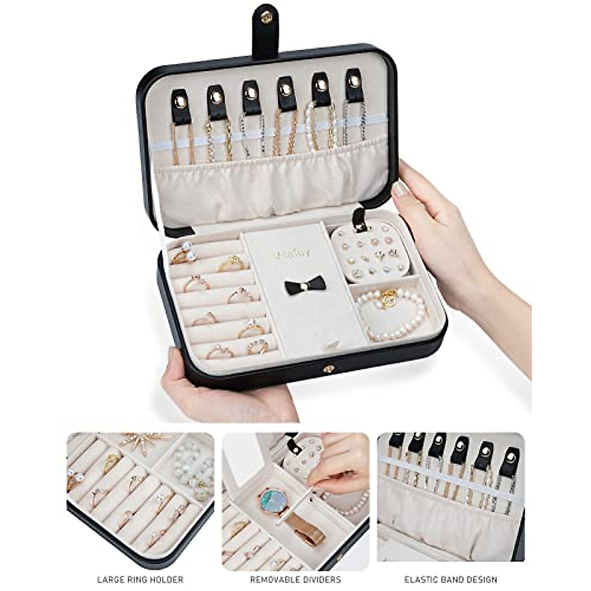 V-LAFUY Small Jewelry Box, Travel Jewelry Case Portable Jewelry Boxes for Women, 2-Layer Travel Jewelry Box, Gift for Women Girls, Women's Day gifts, Black N