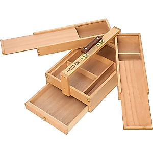 MEEDEN Artist Supply Storage Box - Portable Foldable Multi-Function Beech Wood Artist Tool & Brush Storage Box with Compartments & Drawer for Pastels, Pencils, Pens, Markers, Brushes