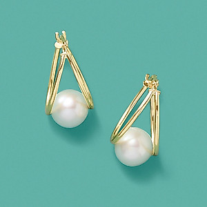 Ross-Simons 8-9mm Cultured Pearl Double-Hoop Earrings in 14kt Yellow Gold. 3/4