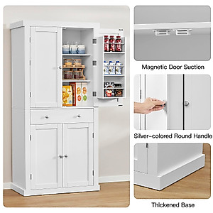 usikey 72” Kitchen Pantry Cabinet, Tall Storage Cabinet with 4 Doors and 1 Drawer, Cupboard with 6 Hanging Shelves and Adjustable Shelves for Kitchen, Dining Room, Living Room, White