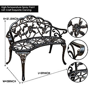 Outrora Garden Bench, Metal Park Bench Cast-Aluminum Outdoor Benches Front Porch Outdoor Furniture with Floral Rose for Patio, Park, Lawn, Yard（Copper）