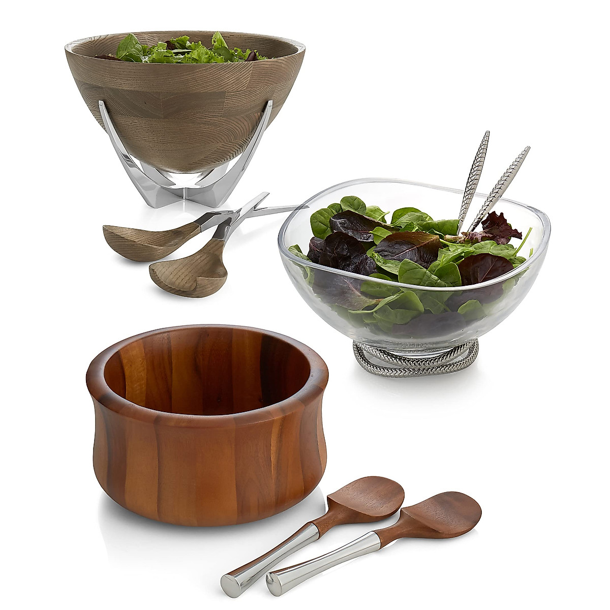 Nambe - Nara Collection Natural Acacia Wood Salad Bowl and Servers with Nambe Alloy Handles (10.5" x 5.5")