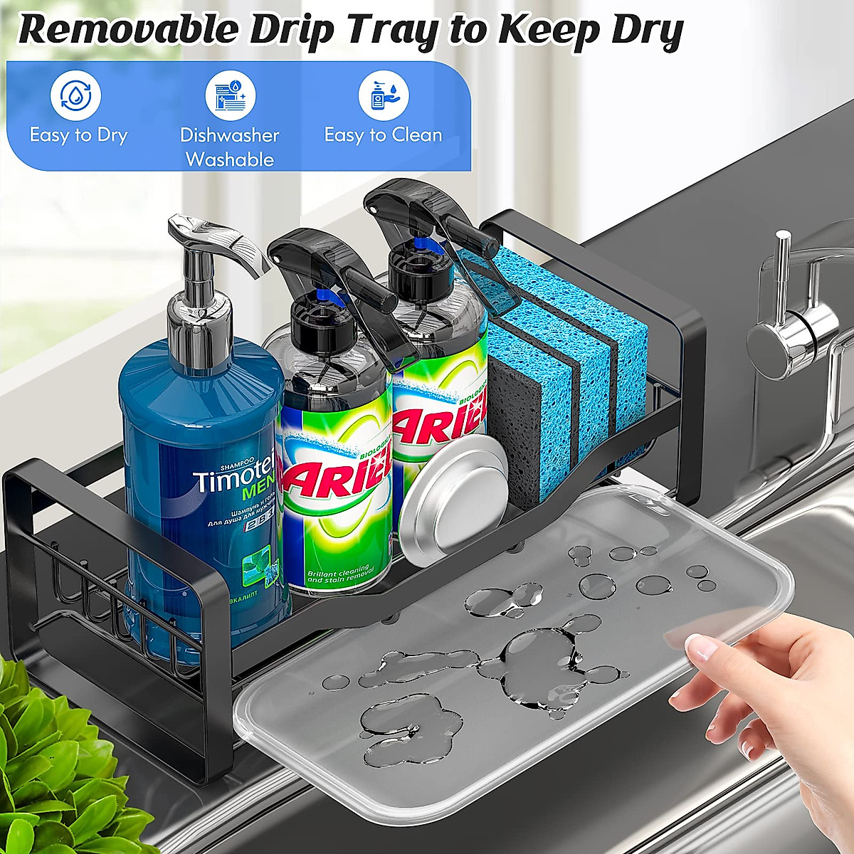 Kitchen Sink Caddy Sponge Holder,Sponge Holder for Kitchen Sink,Kitchen Sink Organizer for Soap Brush Dispenser,Countertop Sink Caddy Organizer with Removable Drain Tray