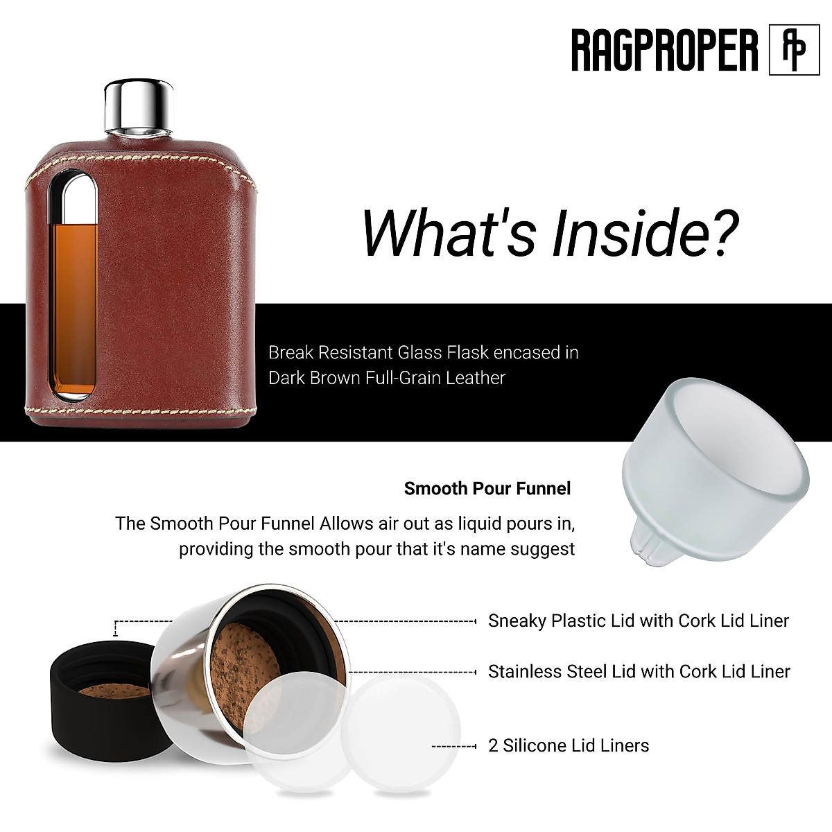 Ragproper Modern Glass Hip Flask - Durable Leather Covered Flask for Whiskey, Spirits, & Other Liquor - Ideal Glass Flask for Men & Women (Single Shot 100ml, Leather Dark Brown)