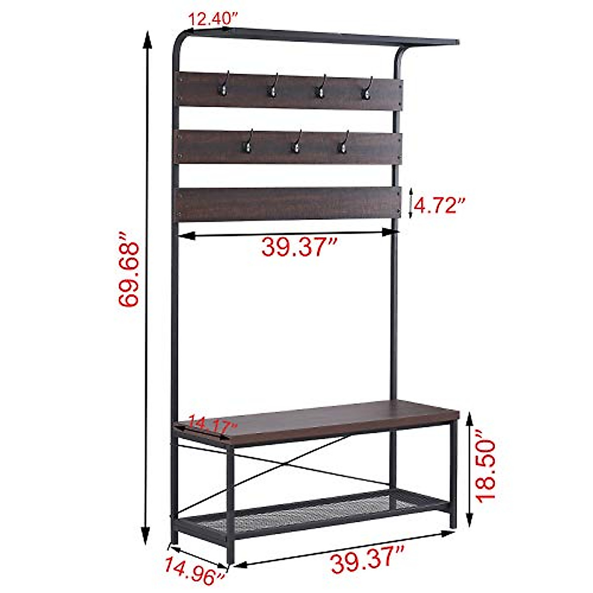 Entryway Coat Rack Bench, Modern Hall Tree with Storage Bench, Wood and Metal Hallway Bench with Coat Rack, 39x70 Inch Espresso