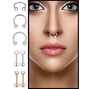 SCERRING 16g Lip Rings Stainless Steel Horseshoe Septum Nose Hoop Labret Monroe Lip Rings Nail Tragus Rook Helix Cartilage Earrings Studs Ring Medusa Piercing Jewelry 36PCS Rainbow