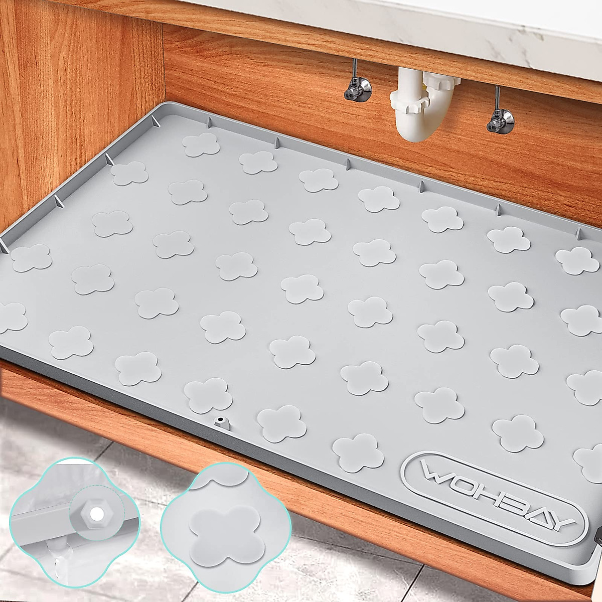 Under Sink Mats for Kitchen Waterproof,34" X 22" Silicone Under Sink Mat for Bottom of Kitchen Sink,Under Sink Drip Tray Liner for Kitchen Bathroom Cabinets Hold Up to 3.3 Callons Liquid - Light Grey