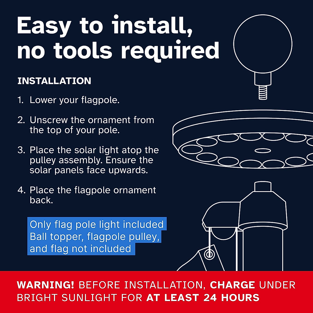 Deneve Silver Solar FlagPole Light with 20 LEDs for 15-25 Feet In-Ground Flag Poles, Light from Dusk to Dawn for 12+ Hours - 100% Bright, Powerful, and Stable Coverage Silver Flag Light