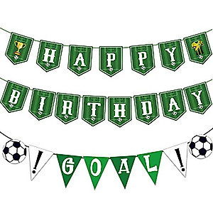 Soccer Birthday Banner, Soccer Party Supplies,Soccer Theme Happy Bday Bunting Sign, Soccer Party Decoration Pre-Strung Soccer Bday Party Sign, Pennant Bunting for Boy Men